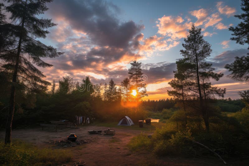 Campsite with Sunset in the Background, Trees and Clouds in the ...