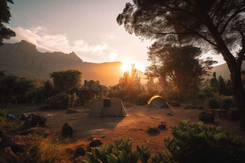Campsite with Sunset View, Surrounded by Mountains and Trees Stock ...