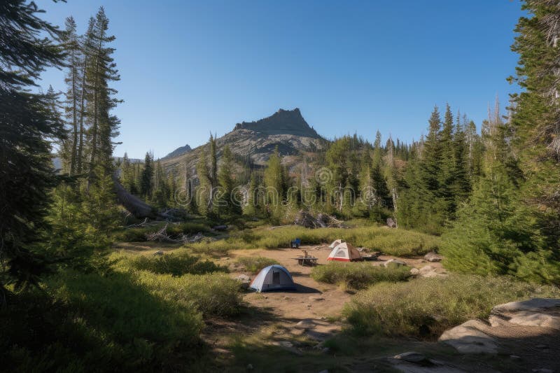 Campsite with View of Mountain Range, Surrounded by Forest and Clear ...