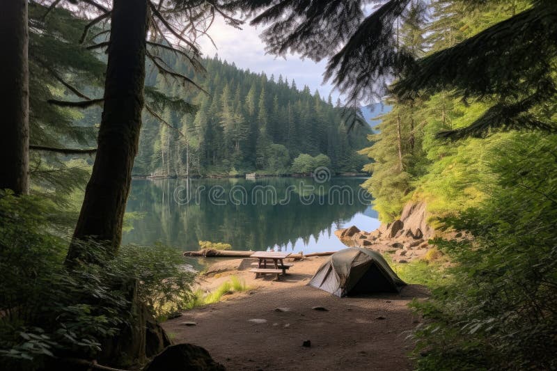 Campsite with View of Sparkling Lake, Surrounded by Towering Trees ...