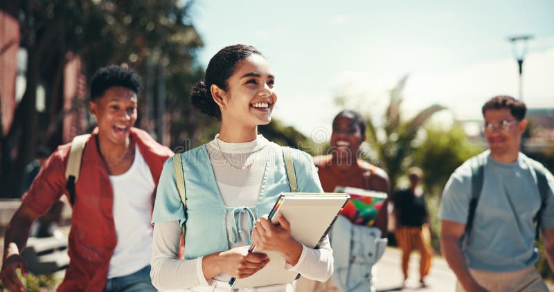 Campus, College and Walking with Student Friends Outdoor Together for ...