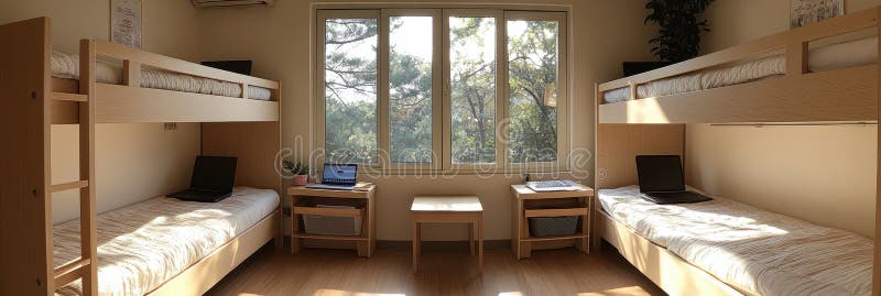 Campus Dormitory Interior with Bunk Beds, Wardrobes, Tables, and ...