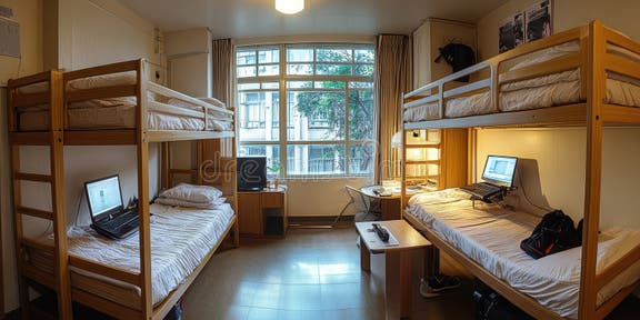 Campus Dormitory Interior with Bunk Beds, Wardrobes, Tables, and ...