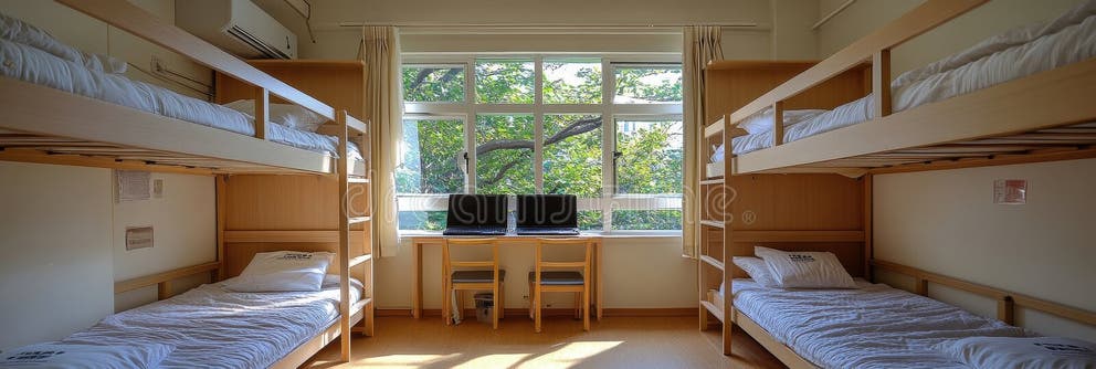 Campus Dormitory Interior with Bunk Beds, Wardrobes, Tables, and ...