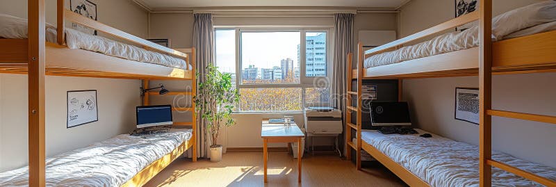 Campus Dormitory Interior with Bunk Beds, Wardrobes, Tables, and ...