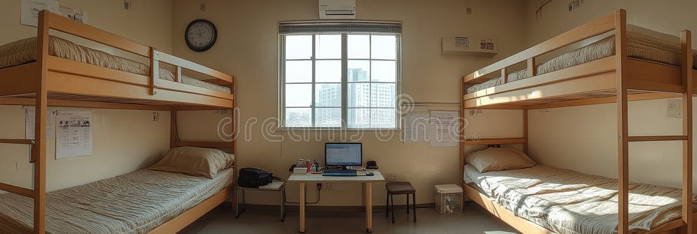 Campus Dormitory Interior with Bunk Beds, Wardrobes, Tables, and ...