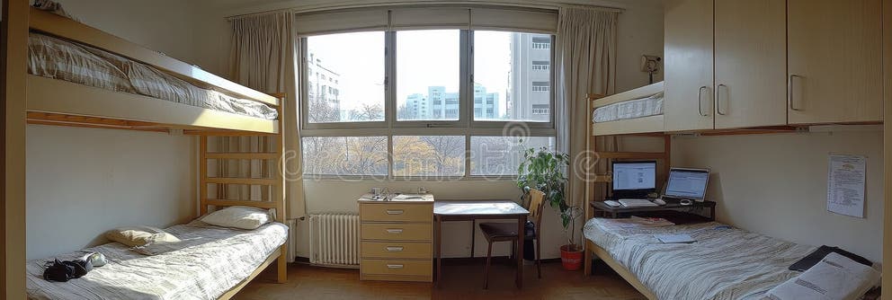Campus Dormitory Interior with Bunk Beds, Wardrobes, Tables, and ...