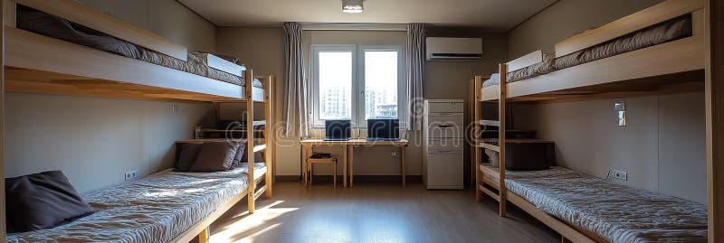 Campus Dormitory Interior with Bunk Beds, Wardrobes, Tables, and ...