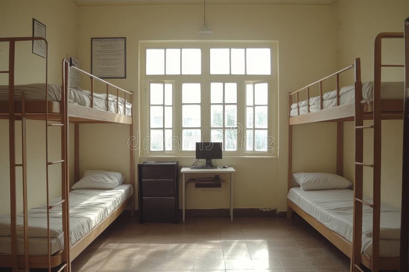 Campus Dormitory Interior with Bunk Beds, Wardrobes, Tables, and ...