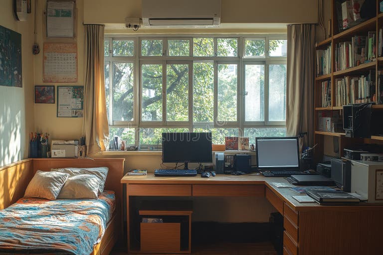 Campus Dormitory Interior with Bunk Beds, Wardrobes, Tables, and ...