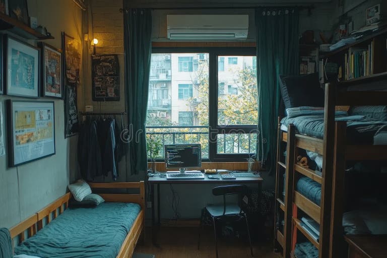Campus Dormitory Interior with Bunk Beds, Wardrobes, Tables, and Computers, Shared Living Stock ...