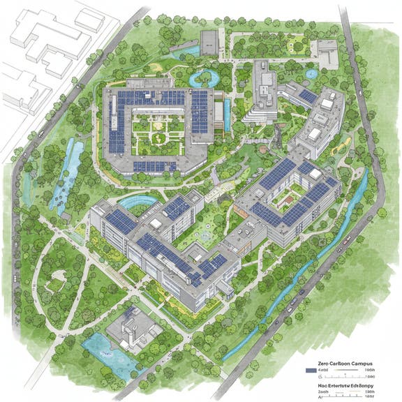 Campus Layout Features Several Modern Buildings with a Rectangular and ...