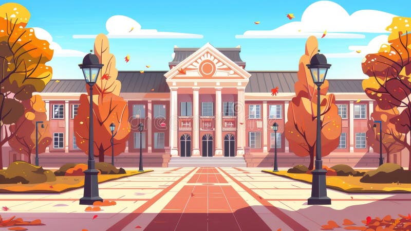 Campus or Library Facade with Autumn Trees, Street Lights, and Tile ...