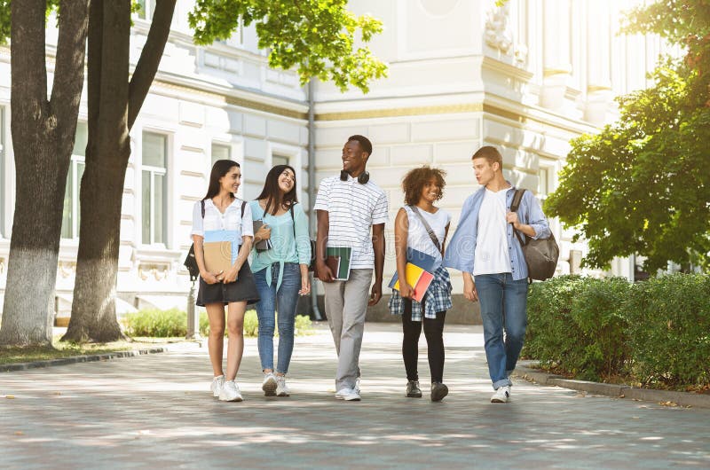 Campus Life Group International Students Walking Outdoors Classes Stock ...