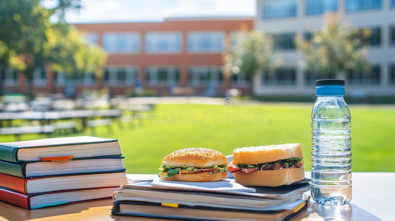 Campus Lunch Break: Books, Sandwiches, and Water High Quality Image ...