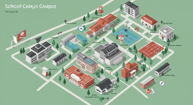 Campus Map Illustration Depicting Various Buildings and Facilities in ...