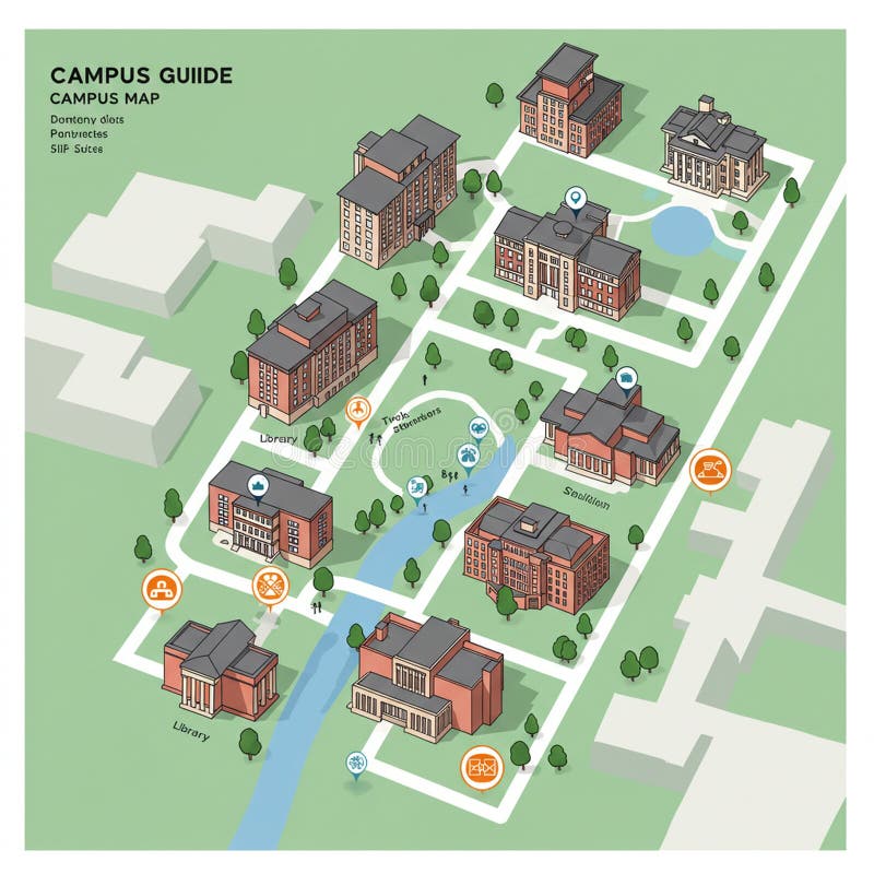 Campus Map Illustration Featuring Multiple Buildings in a Grid Layout ...