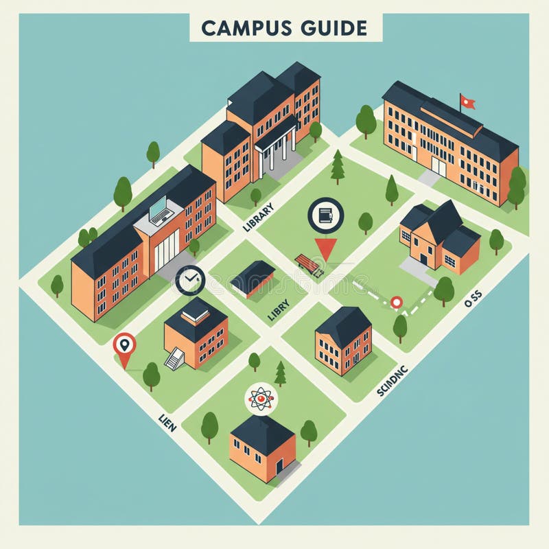 Campus Map Illustration Featuring Several Brick Buildings, Labeled As ...