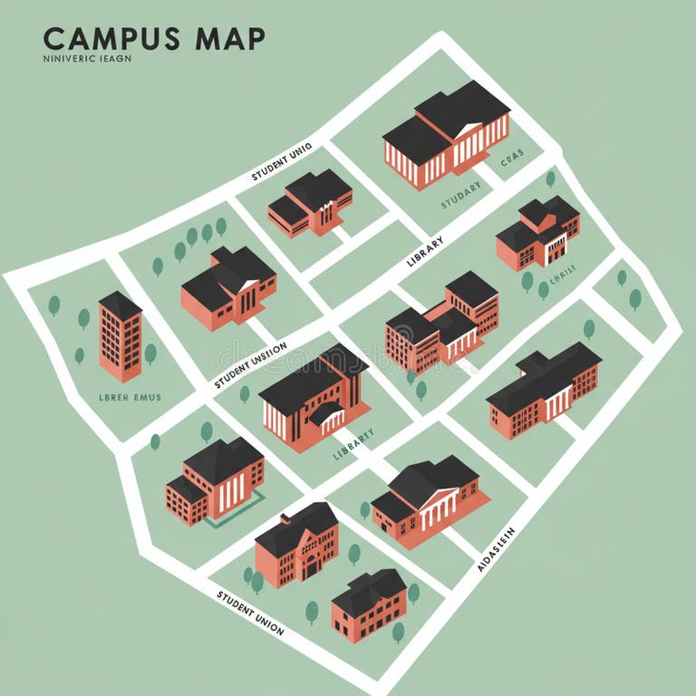 Campus Map Illustration Featuring Various Labeled Buildings in a ...
