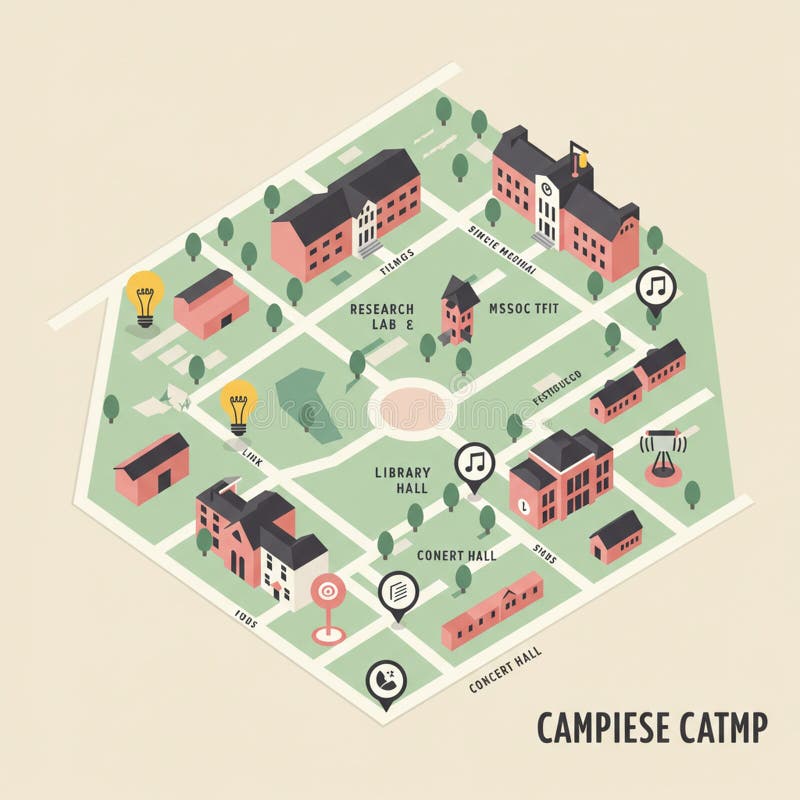 Campus Map Illustration with Hexagonal Layout. Features Buildings ...