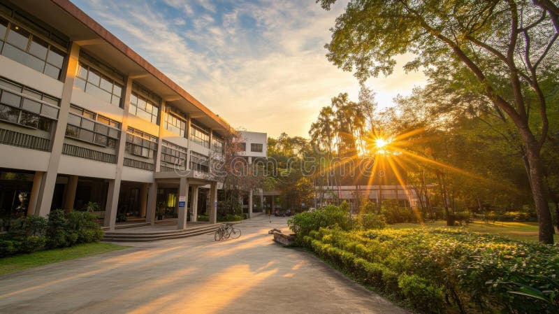 Campus Scenery at Sunset with Trees and Architectural Design Outdoor in Golden Hour Stock Photo ...