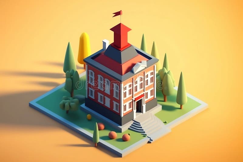 Campus or University Building with Some Trees and 3d Low Poly Style ...