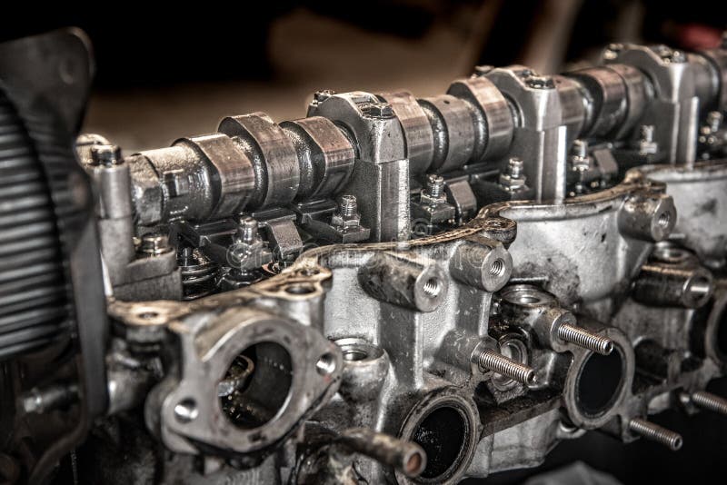 Camshaft on a Head Removed from the Engine in Workshop Pending Repair ...
