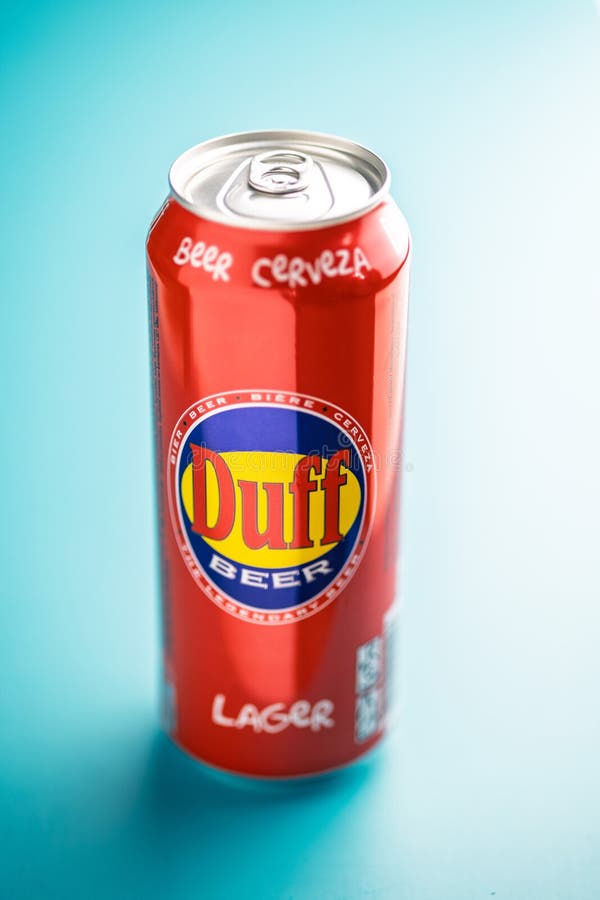 Can of American Duff Beer on Blue Background Editorial Photo - Image of ...