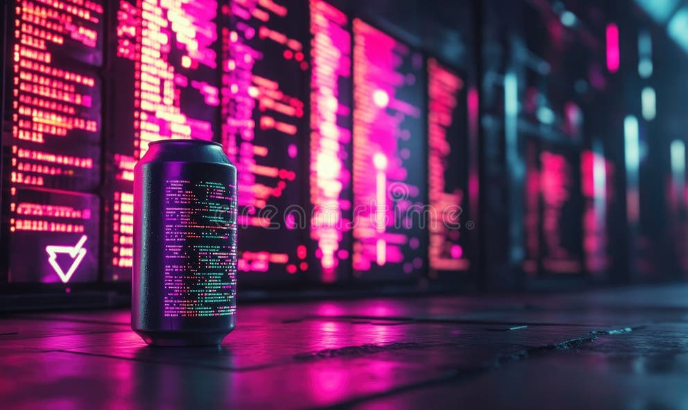 A Can of Beer is Sitting on a Table in Front of a Wall of Computer ...