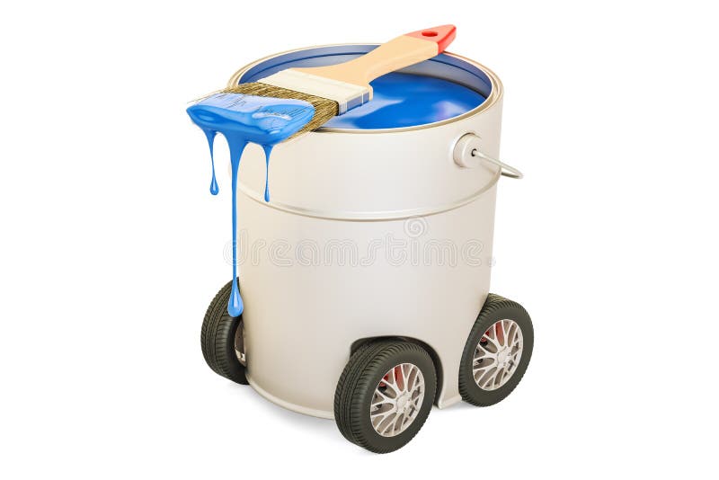 Can with Blue Paint and Brush on the Car Wheels, 3D Rendering Stock ...