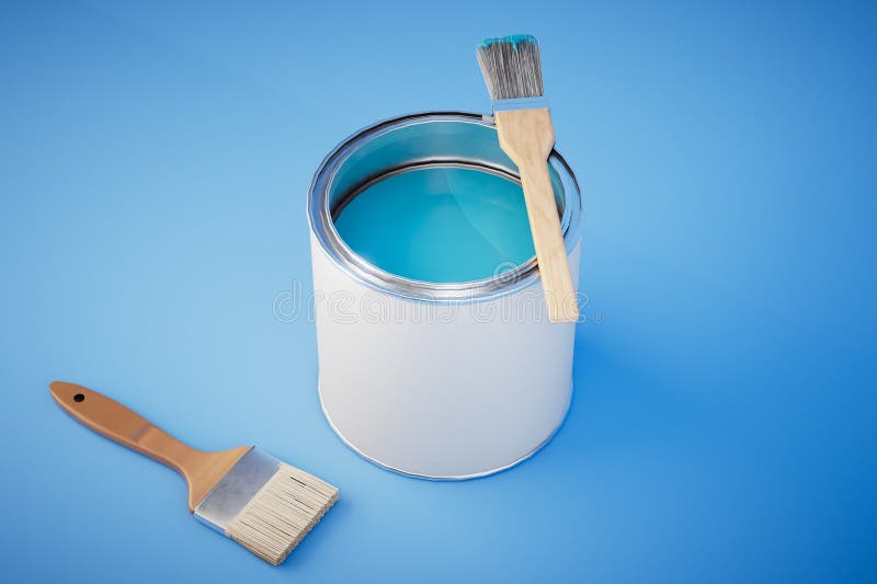 Can of Blue Paint and Brushes on Blue Background. 3d Render Stock ...