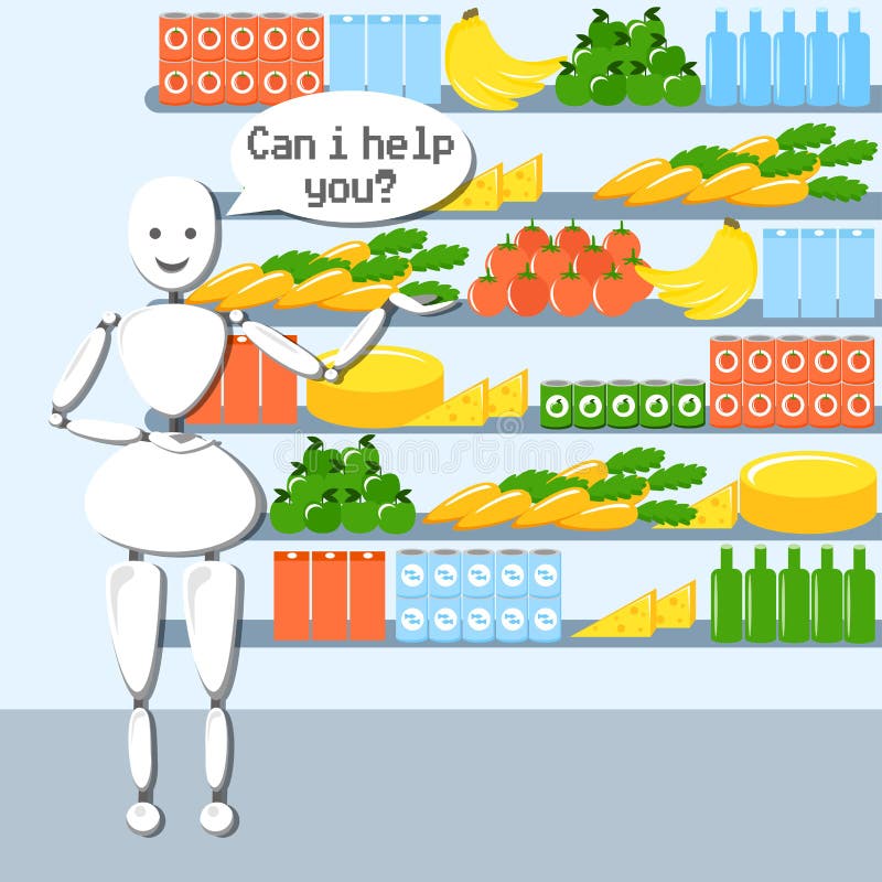 Can I Help You. Vector Illustration with Bot Helper and Products Stock ...