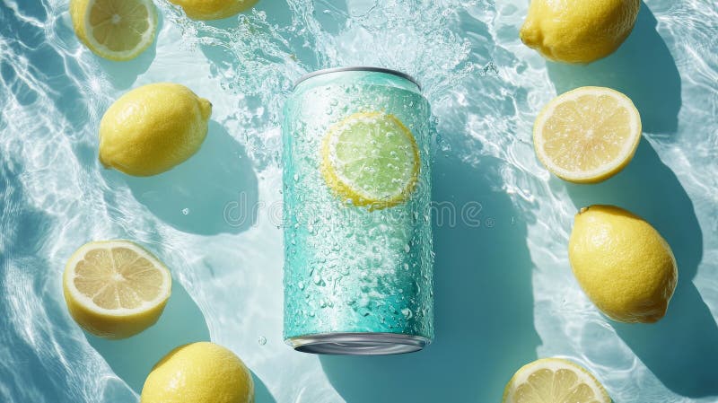 A Can of Lemon-flavored Soda Splashes into Water Against a Light Blue ...