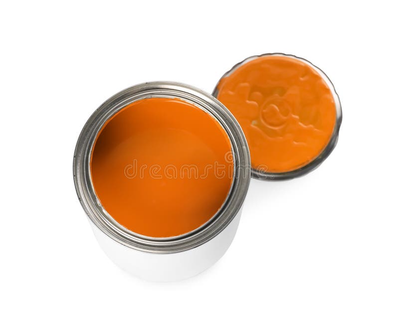 Can and Lid with Orange Paint on White Background, Above View Stock ...