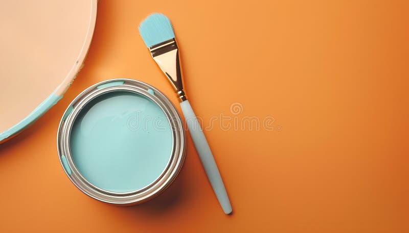 Can with Light Blue Paint, Brush and Color Palette on Orange Background ...