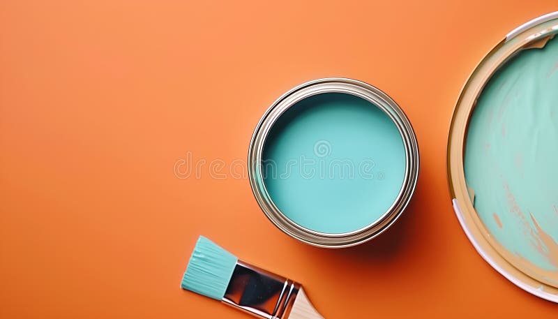 Can with Light Blue Paint, Brush and Color Palette on Orange Background ...