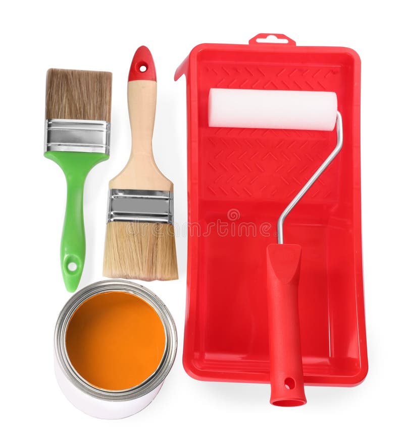 Can of Paint and Roller on White Background Stock Image - Image of home ...