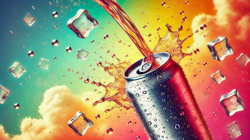 Can with a Refreshing Cold Drink, Flying in the Air with Ice Cubes ...