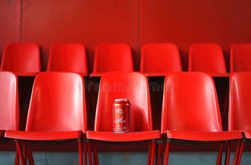 A Can of Soda Sits on a Red Chair in a Row of Red Chairs Stock ...