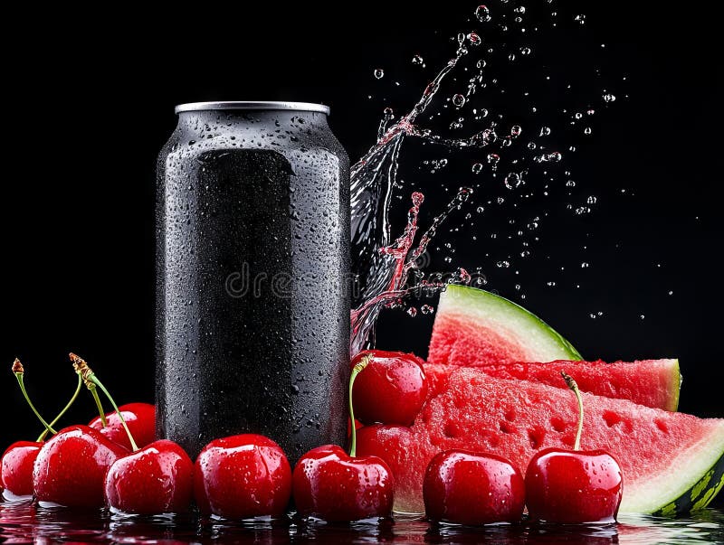 A Can of Watermelon and Cherries Next To a Can of Soda Stock Photo ...