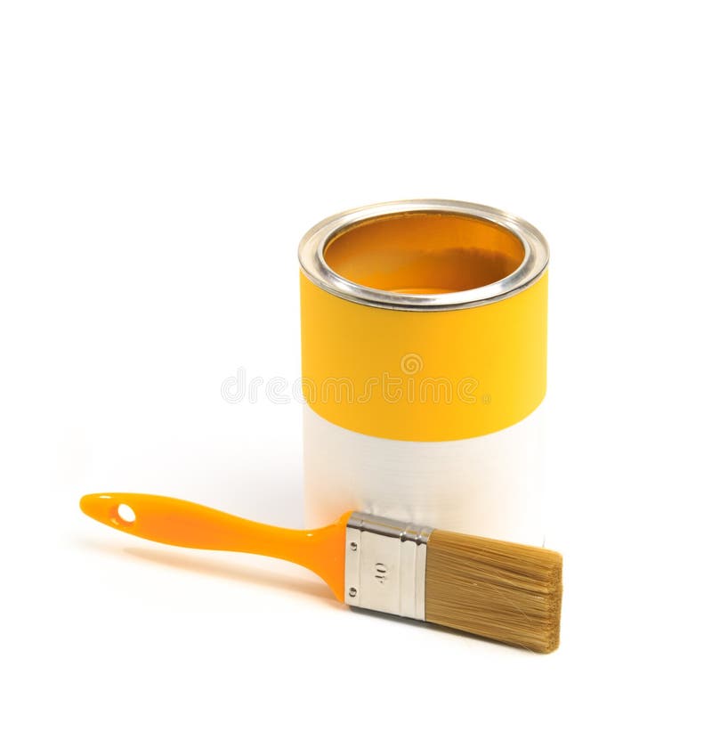 Can with Yellow Paint with Brush Isolated on White Background Stock ...