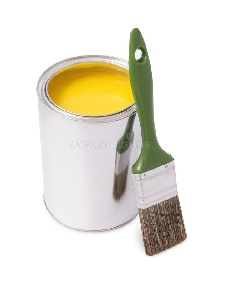 Can with Yellow Paint and Brush on White Background Stock Image - Image ...