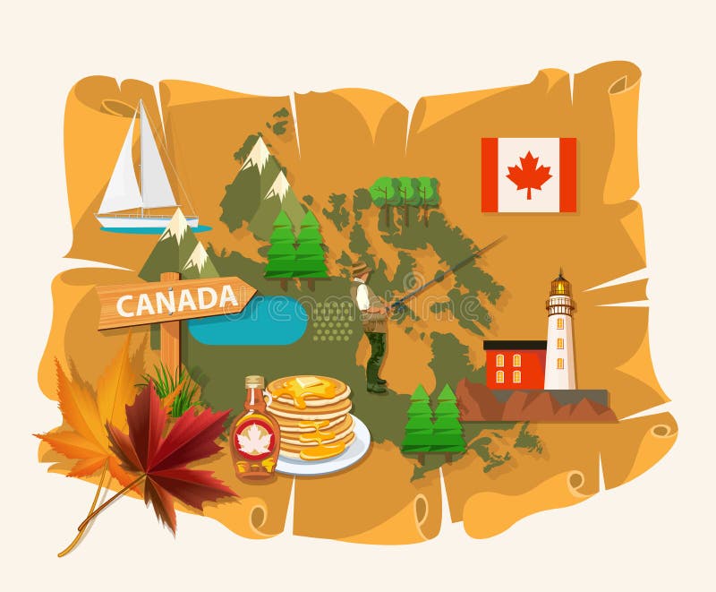 Canada. Canadian Vector Illustration with Map. Vintage Style. Travel ... Canada. Canadian Vector Illustration with Map. Vintage Style. Travel ...