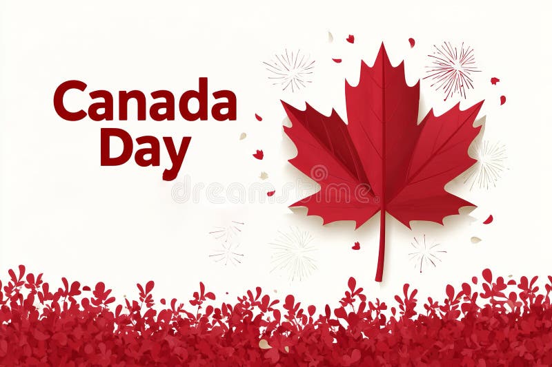 Canada Day Banner Featuring Red Maple Leaf and Fireworks Stock ...
