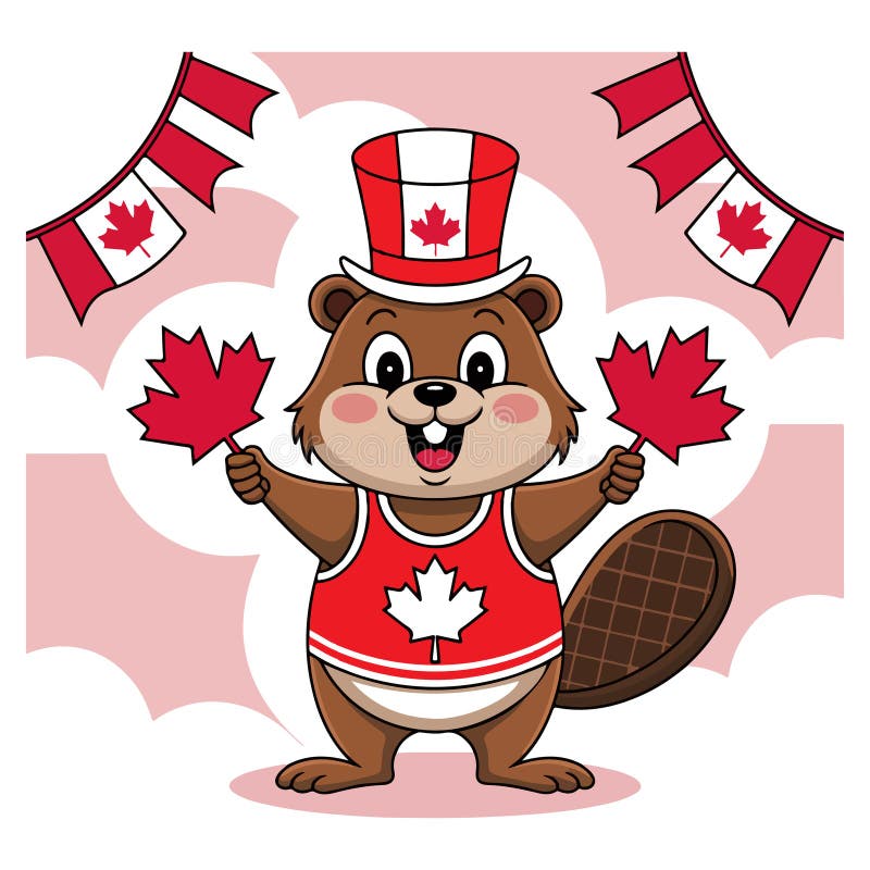 Canada Day Beaver Cheer Cute Cartoon with Maple Leaf Decorations Stock ...