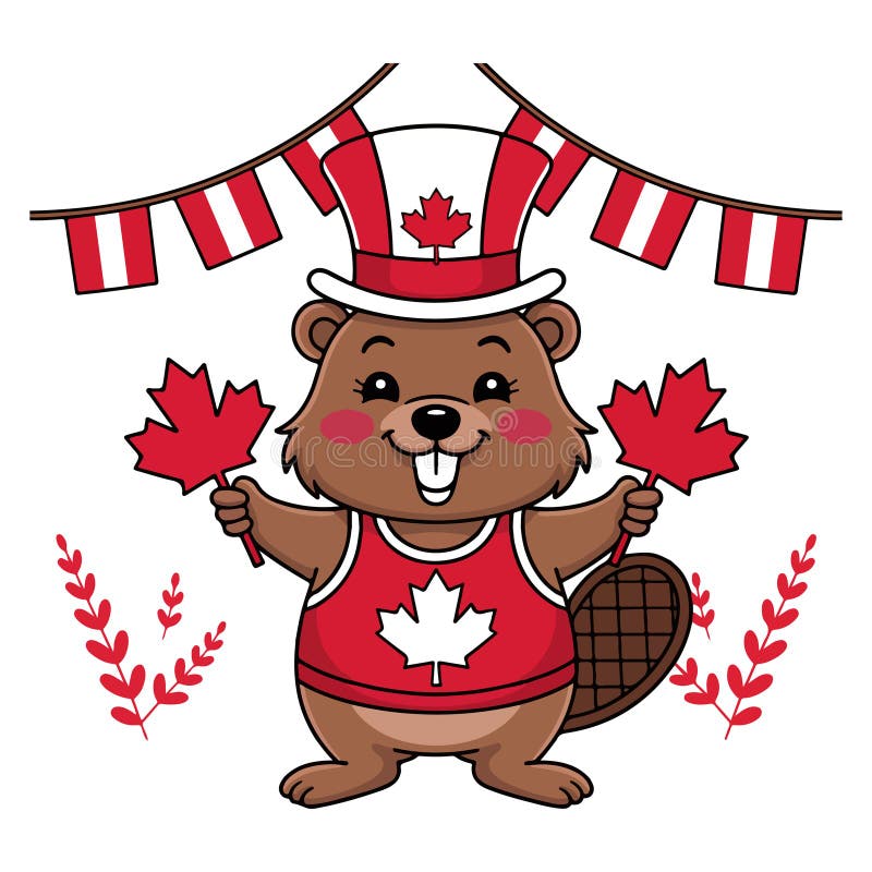 Canada Day Beaver Cheer Cute Cartoon with Maple Leaf Decorations Stock ...