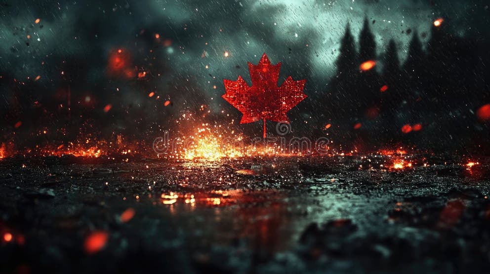 Canada Day Celebration with Fireworks and Red Maple Leaf in Dramatic ...
