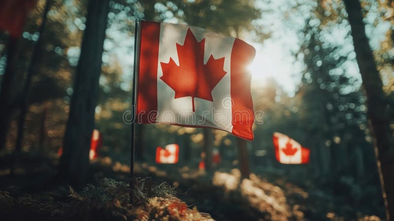 Canada Day Celebration in Forested Setting with Maple Leaf Flags Stock ...