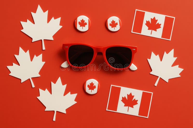 Canada Day Composition with Red Sunglasses, Maple Leaves, Badges, and ...