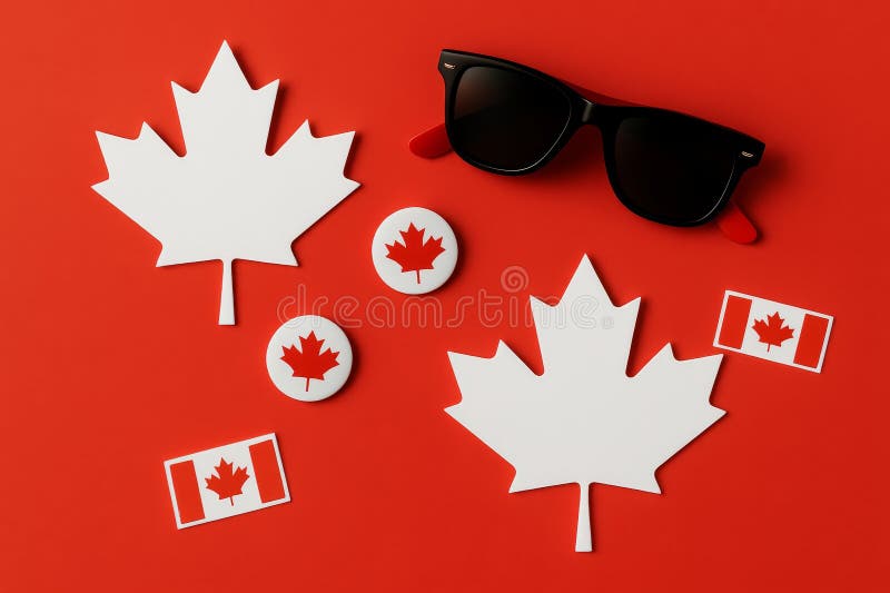 Canada Day Flat Lay with Black Sunglasses, Maple Leaves, Badges, and ...